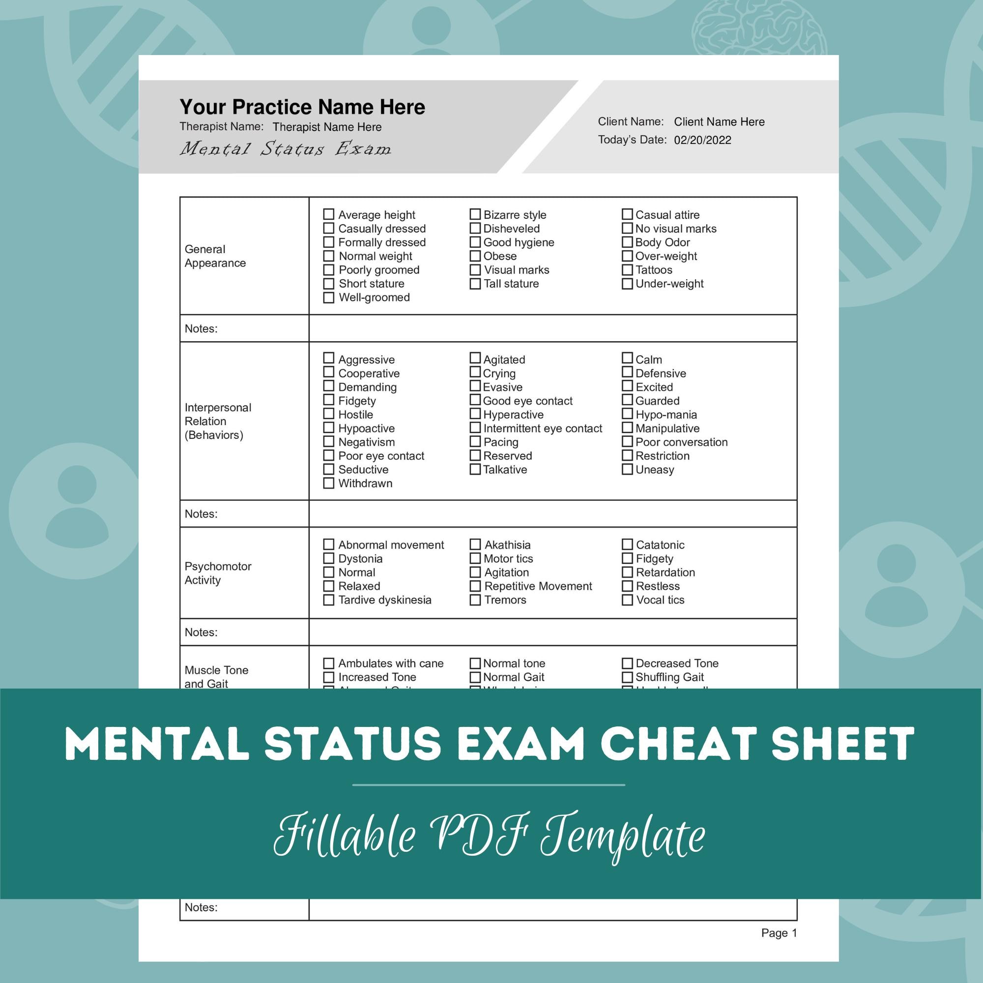 Mental Status Exam Cheat Sheet, MSE Cheat Sheet, Fillable/printable PDF ...