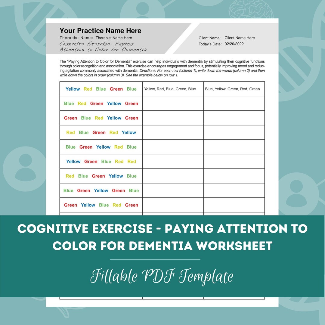 Paying Attention to Color Exercise for Dementia Worksheet | Fillable ...
