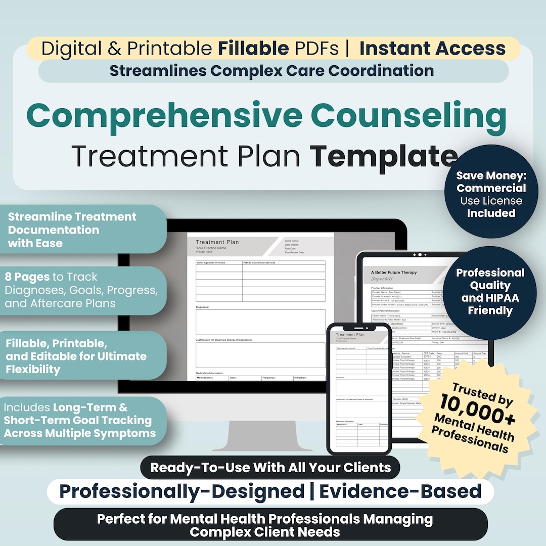 Counseling Treatment Plan Template for Mental Health, Fillable ...