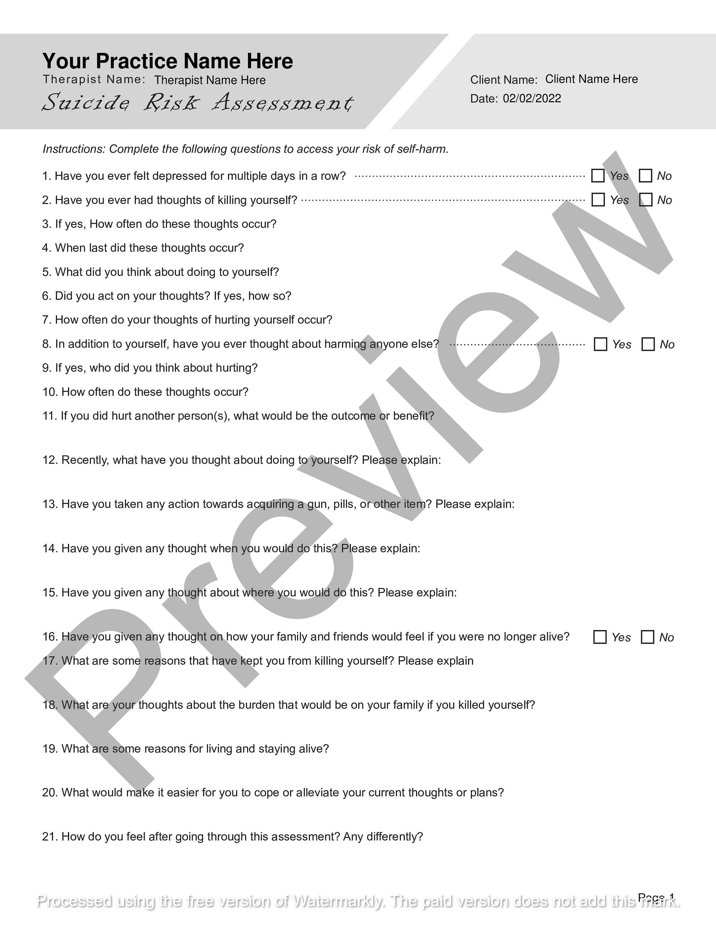 Suicide Assessment Form Template | Editable / Fillable / Printable PDF ...