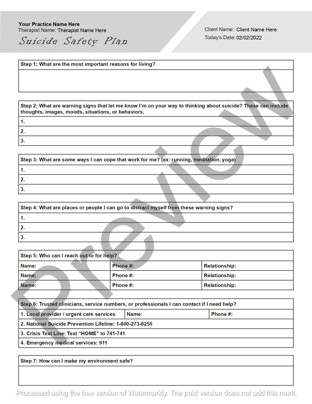 Suicide Safety Plan Template | Editable / Fillable / Printable PDF ...