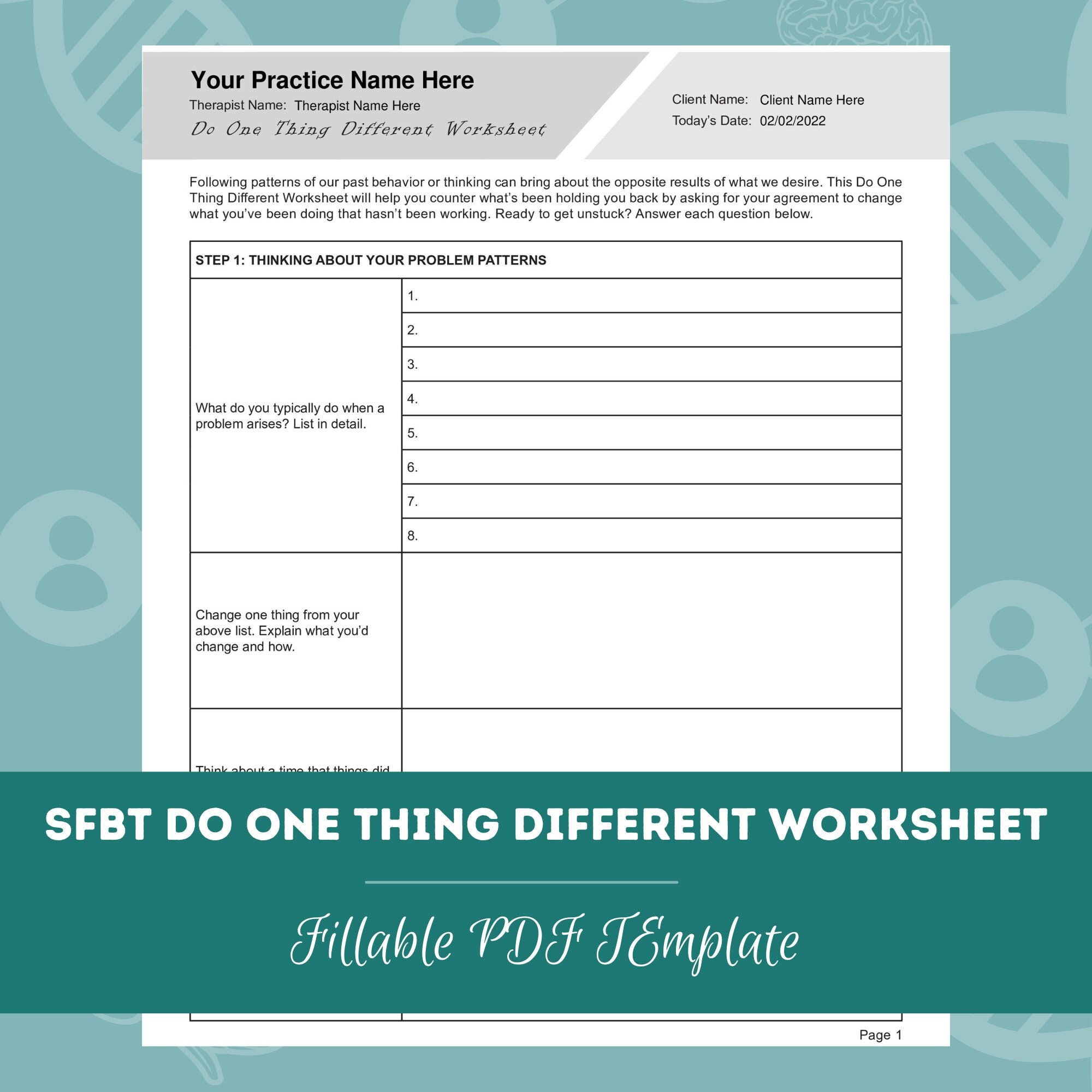 SFBT Do One Thing Different Worksheet | Editable / Fillable PDF ...