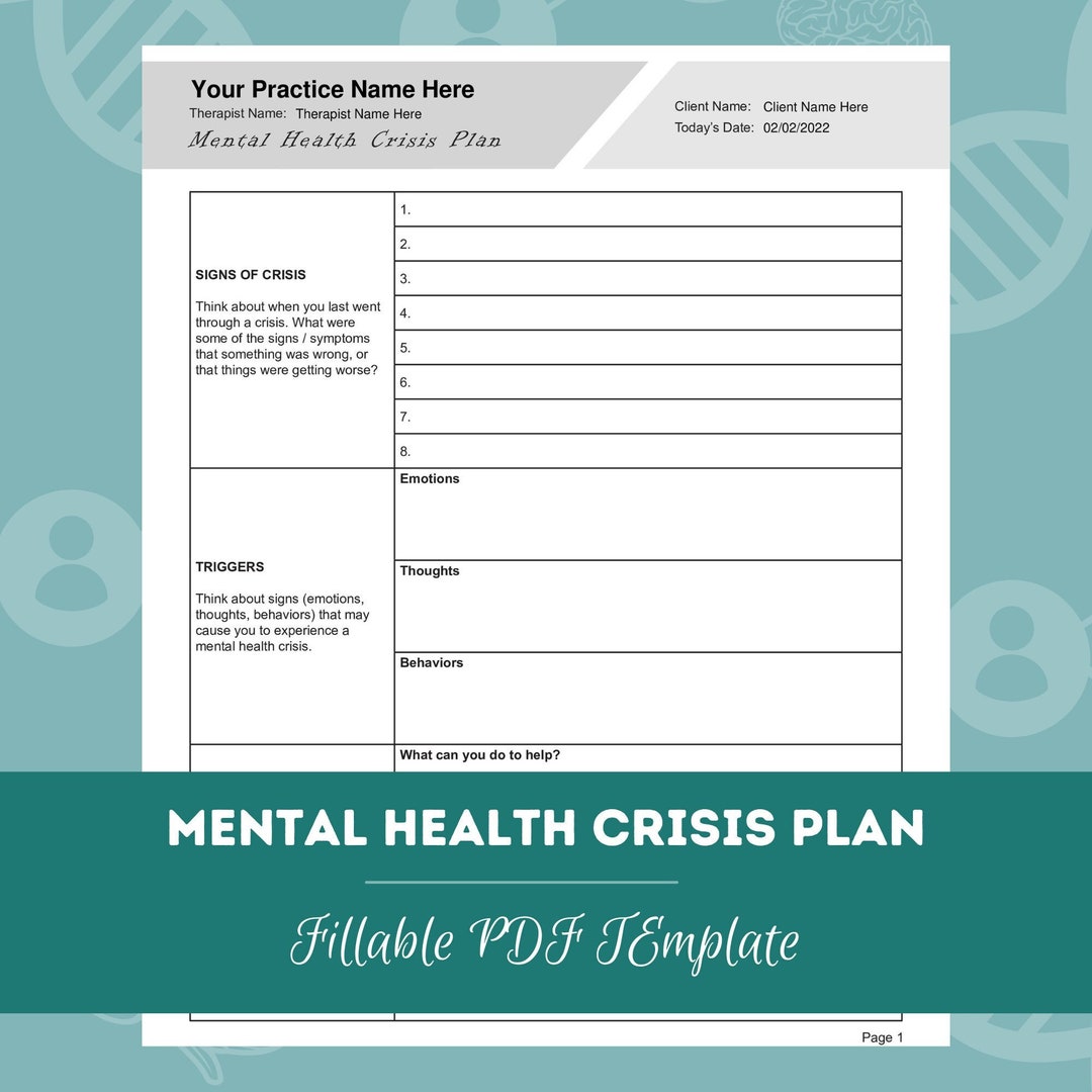Mental Health Crisis Plan | Editable / Fillable PDF | for Counselors ...