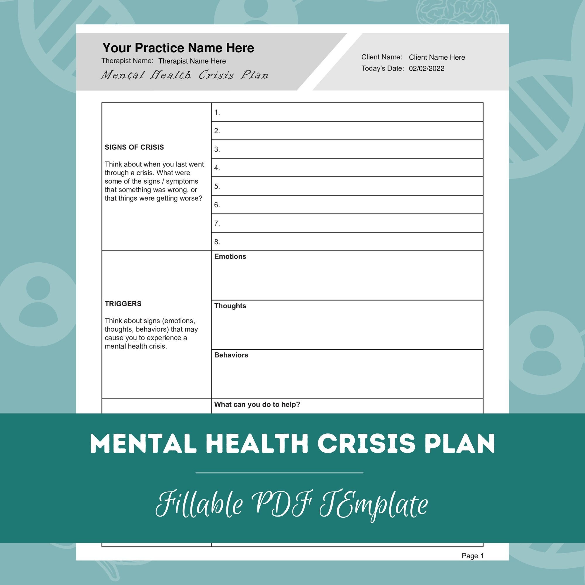 Mental Health Crisis Plan Editable / Fillable PDF for Counselors ...