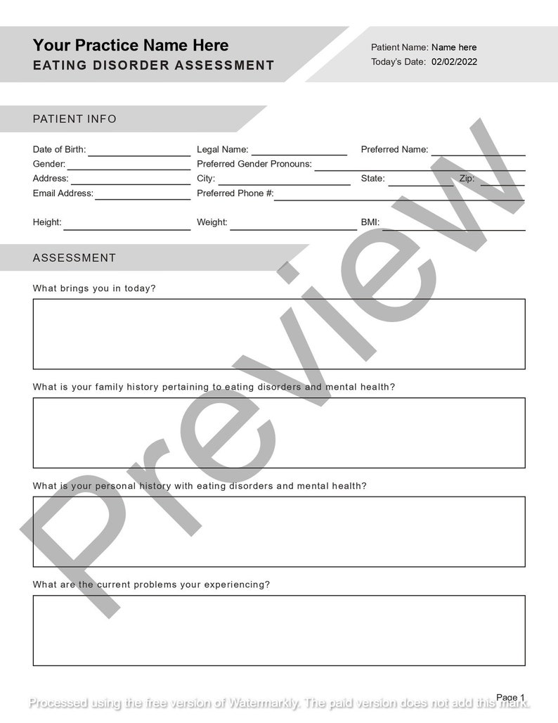 Eating Disorder Assessment Template | Editable / Fillable PDF | for ...