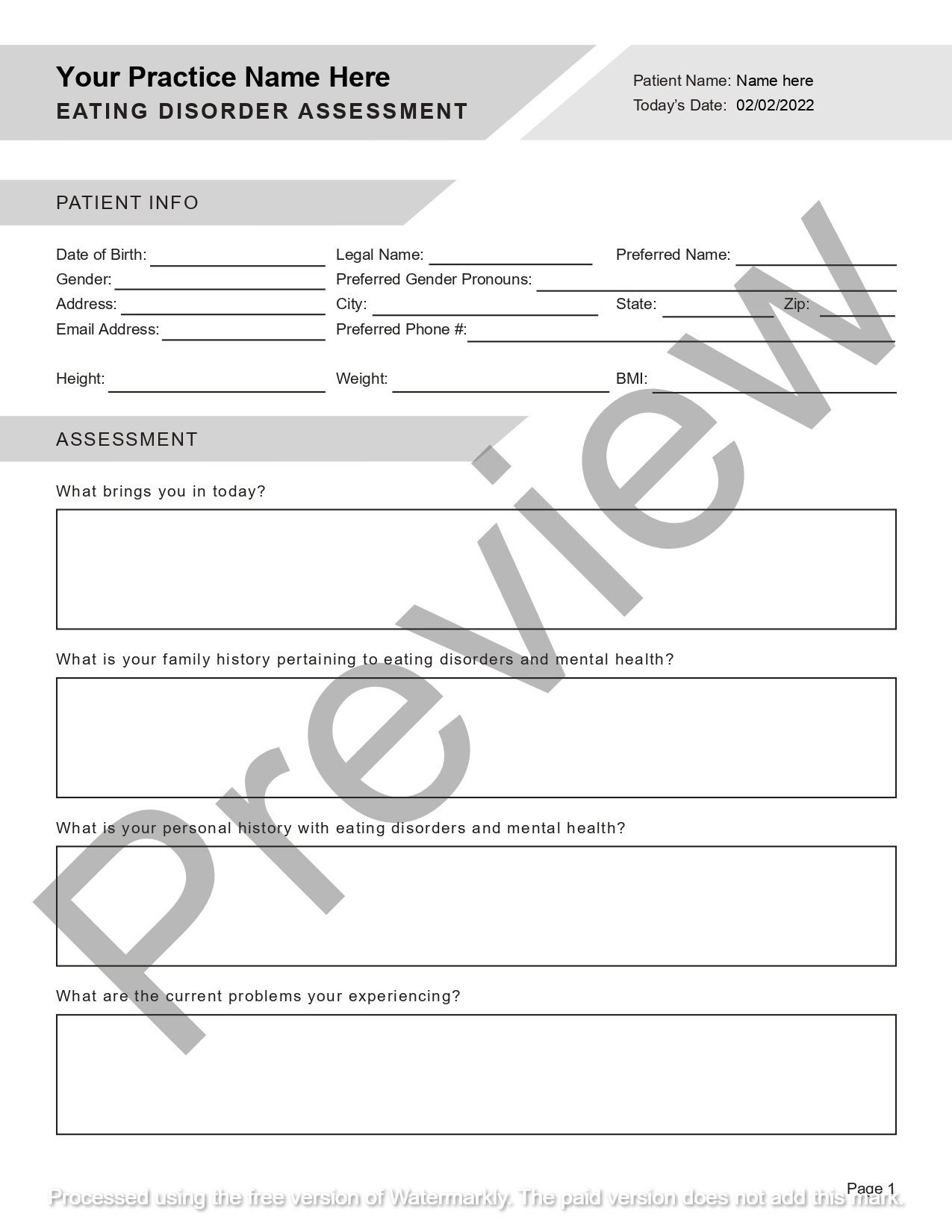 Eating Disorder Assessment Template | Editable / Fillable PDF | for ...