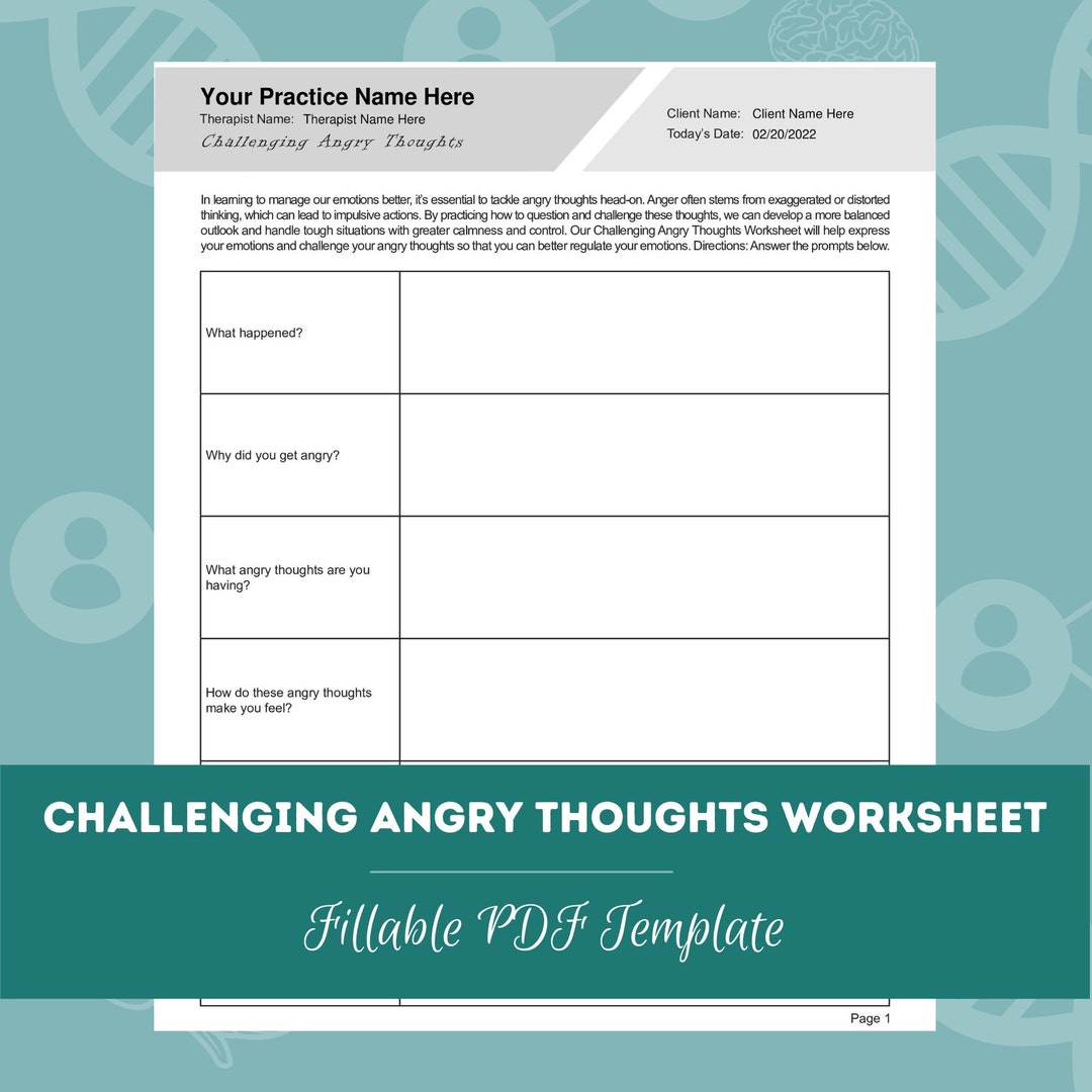 Challenging Angry Thoughts Worksheet | Editable / Fillable / Printable ...