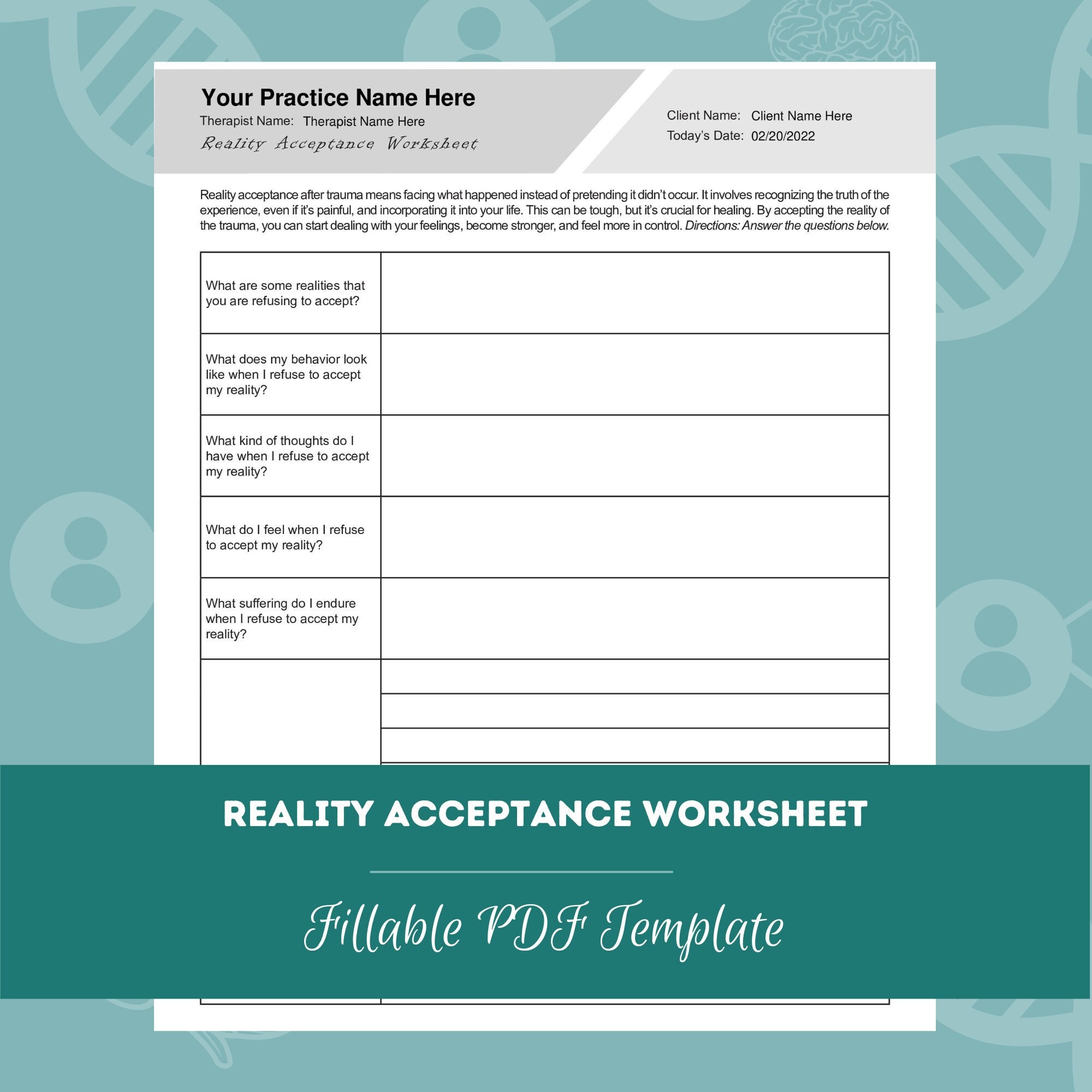 Reality Acceptance Worksheet | Editable / Fillable PDF Template | for ...
