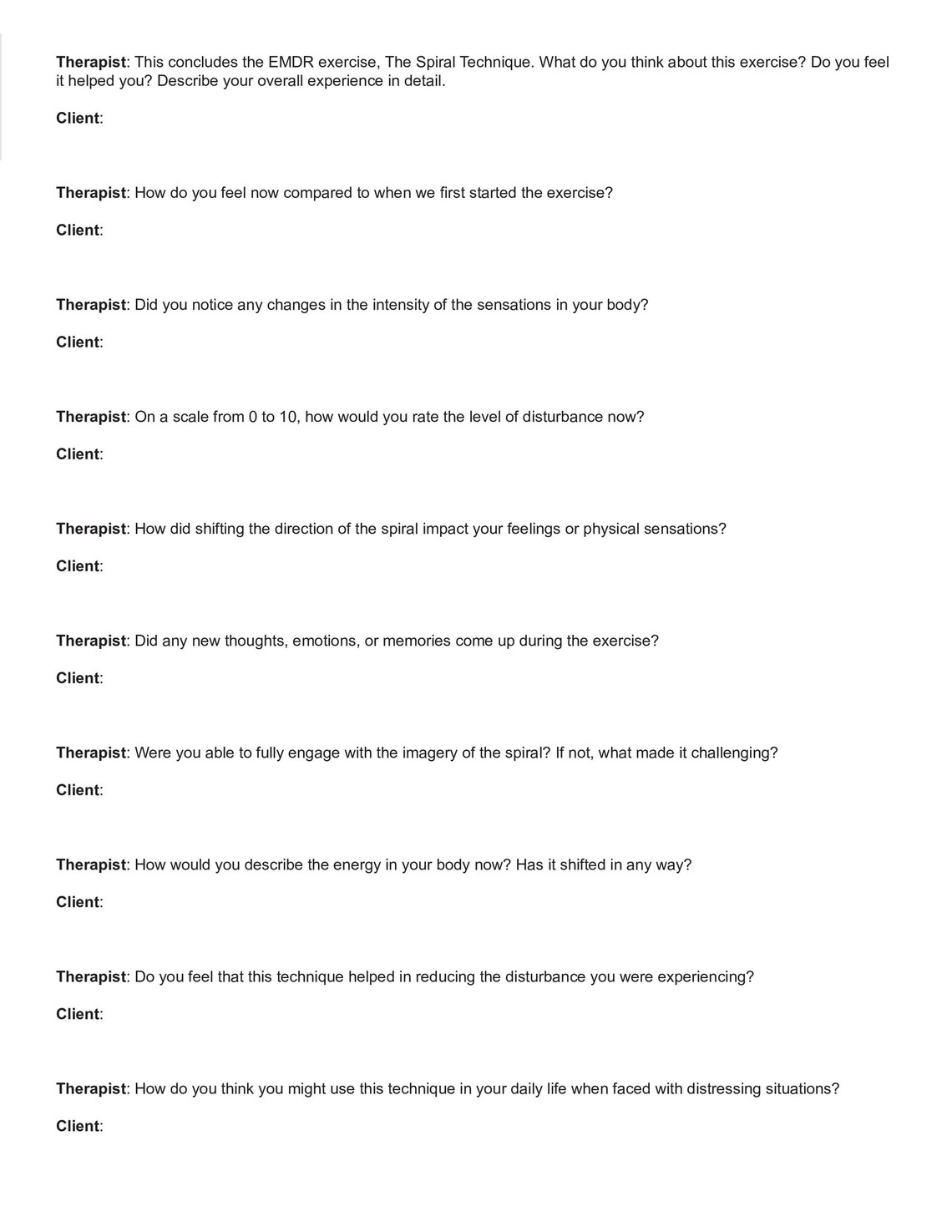 EMDR Spiral Technique Script Worksheet Fillable PDF Counselors ...