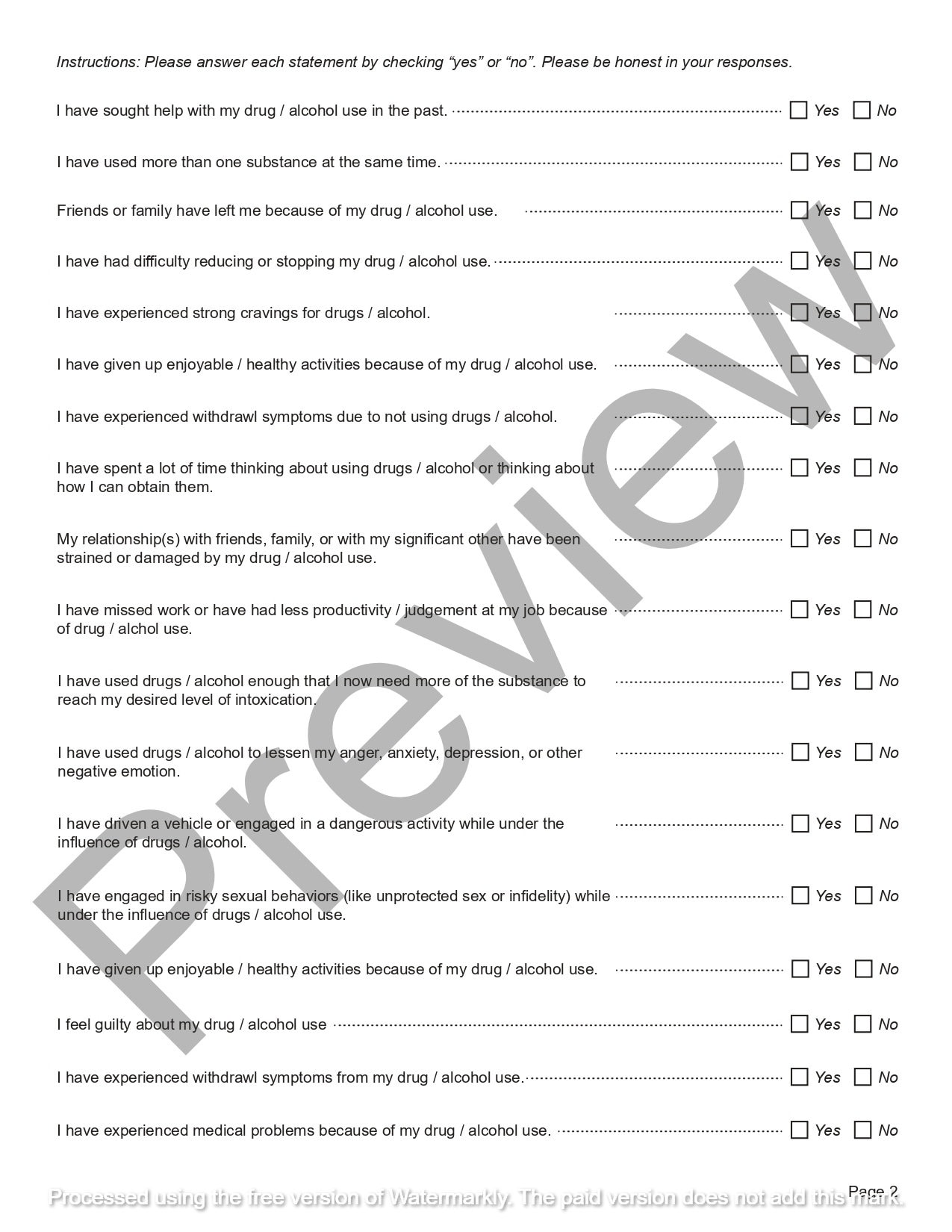 Substance Abuse Assessment | Editable / Fillable / Printable PDF ...