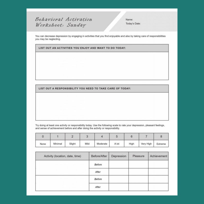 Behavioral Activation Worksheet Therapy Template | Editable / Fillable ...