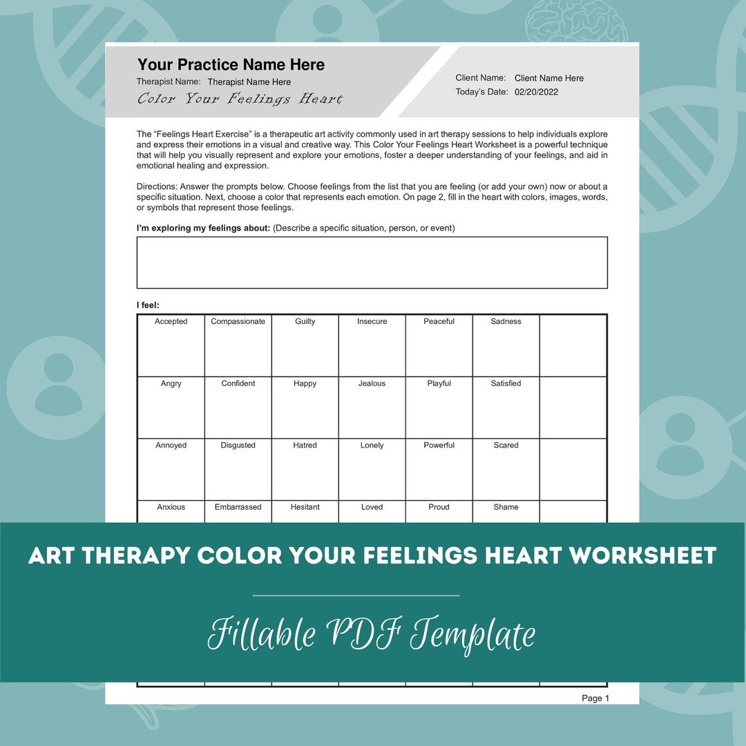 Art Therapy Color Your Feelings Heart Worksheet | Editable / Fillable ...