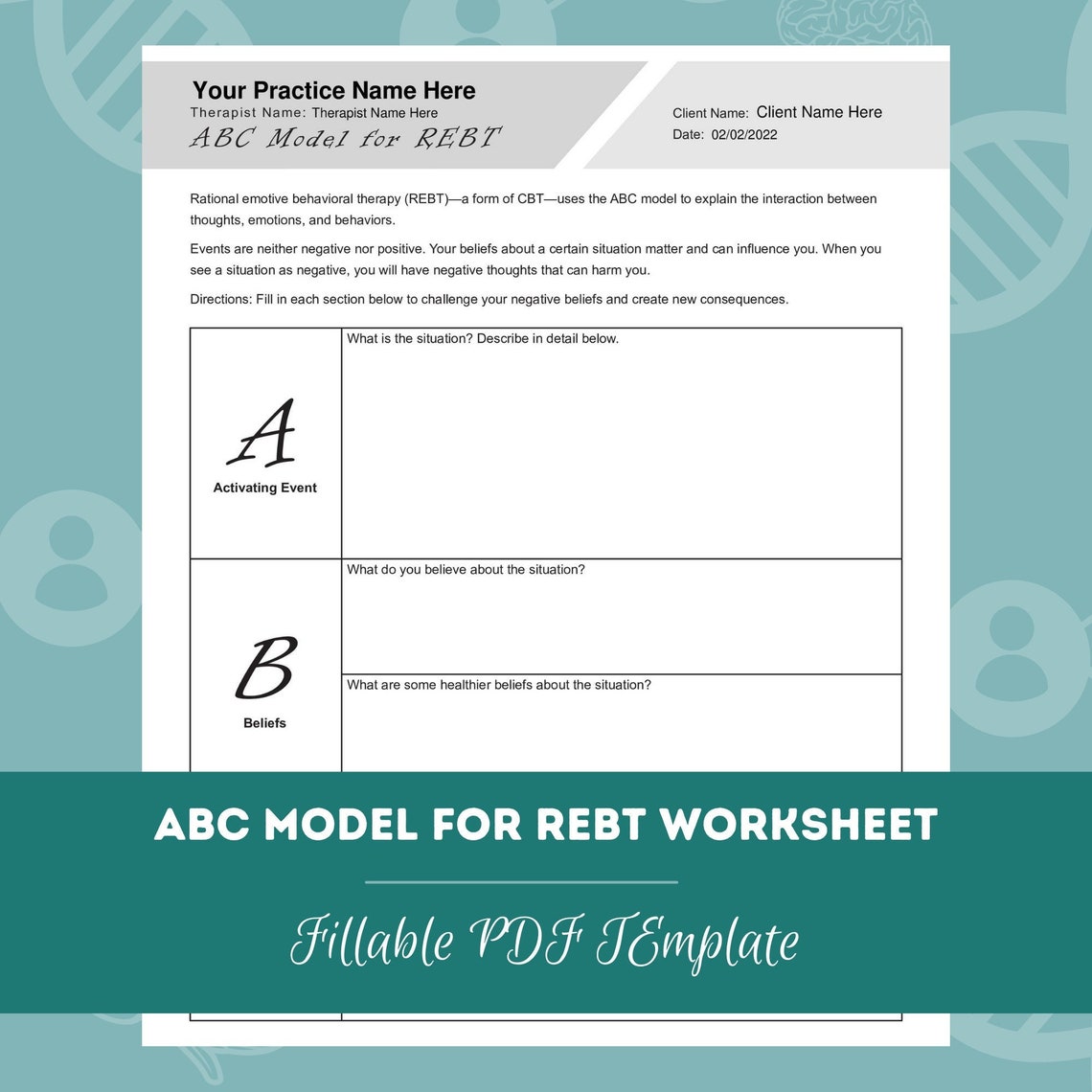 ABC Model for REBT Worksheet | Editable / Fillable PDF | for Counselors ...
