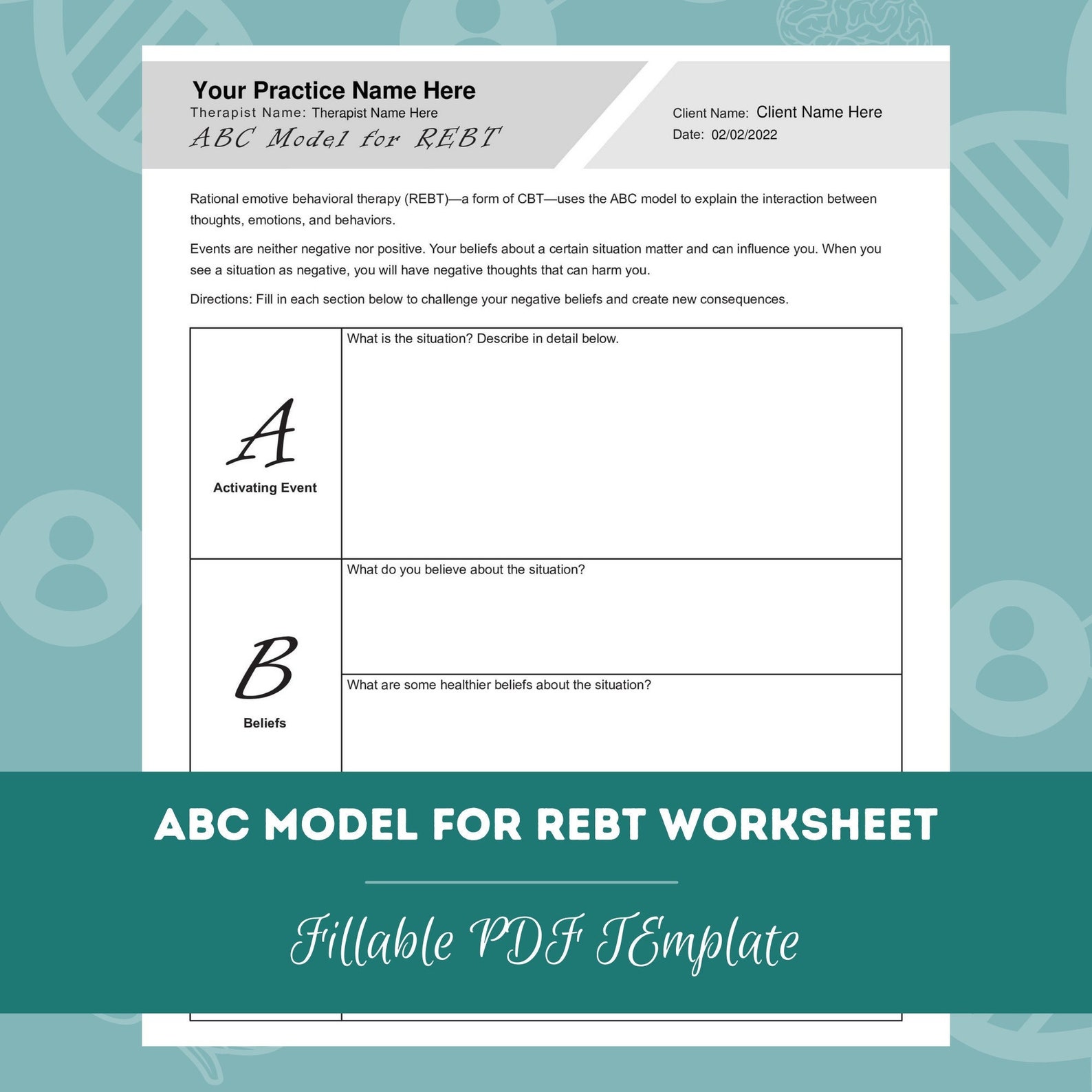 ABC Model for REBT Worksheet | Editable / Fillable PDF | for Counselors ...