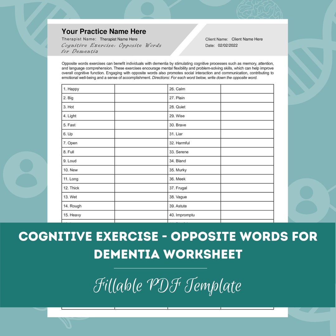 Opposite Words Exercise for Dementia Worksheet | Fillable PDF | for ...