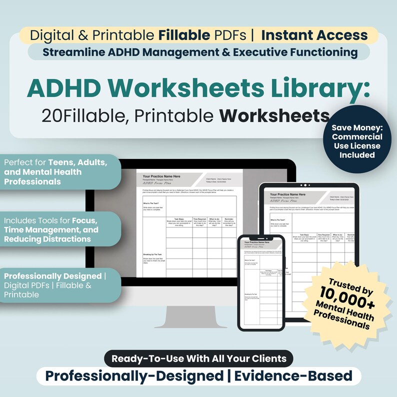 ADHD Worksheets Bundle, 20 Fillable/printable Templates, ADHD Executive ...
