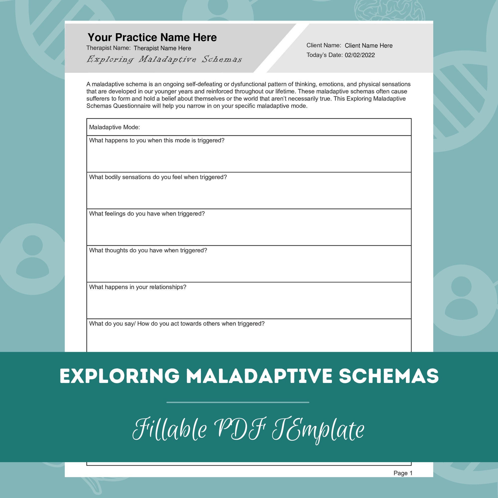 Exploring Maladaptive Schemas Questionnaire | Editable / Fillable PDF Template | for Counselors ...