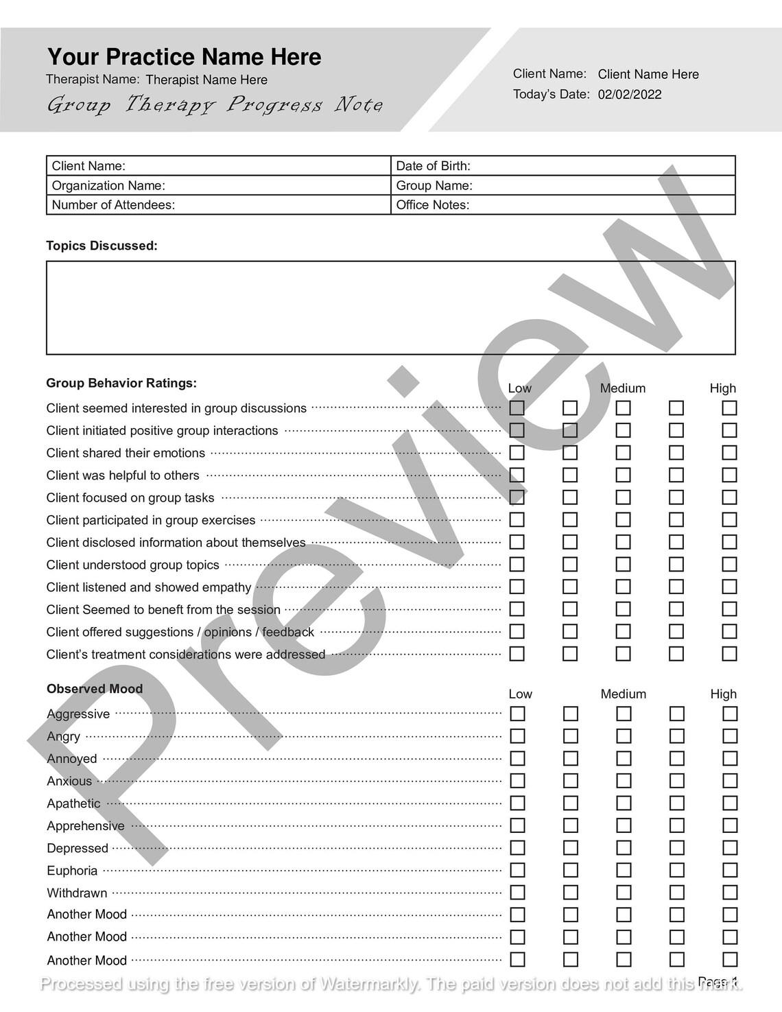 Group Therapy Progress Note | Editable / Fillable PDF Template | for ...