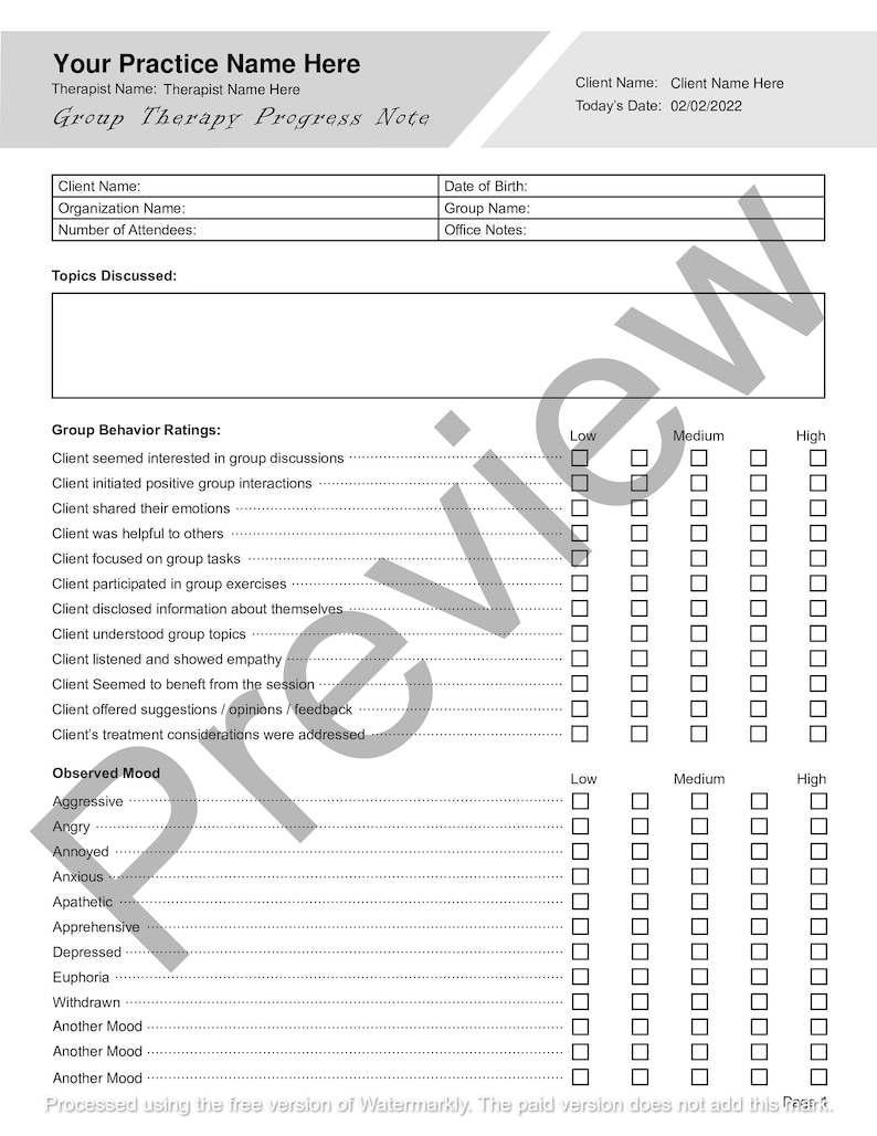 Group Therapy Progress Note | Editable / Fillable PDF Template | for ...