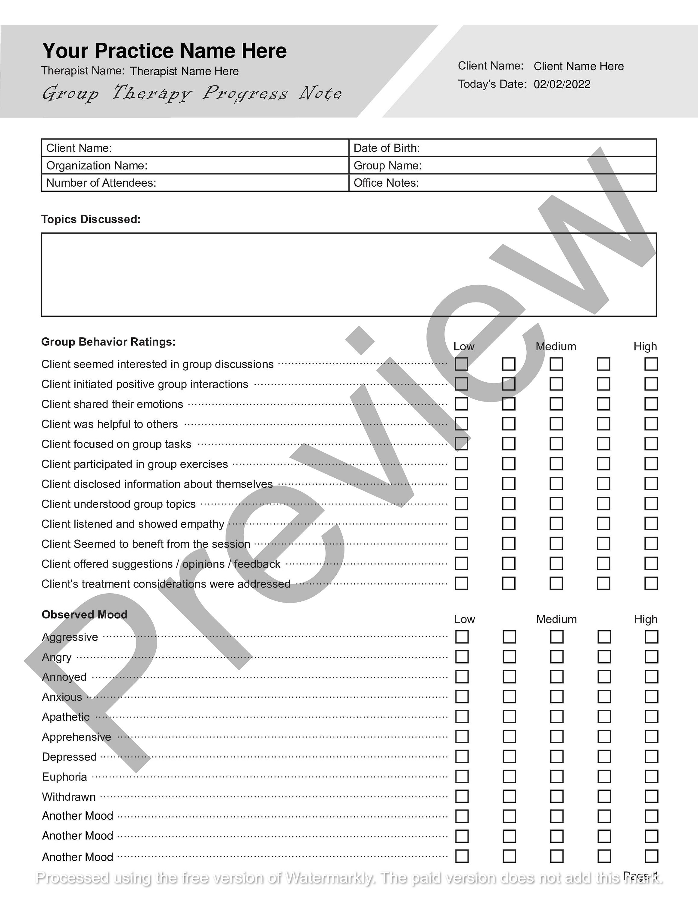 Group Therapy Progress Note | Editable / Fillable PDF Template | for ...