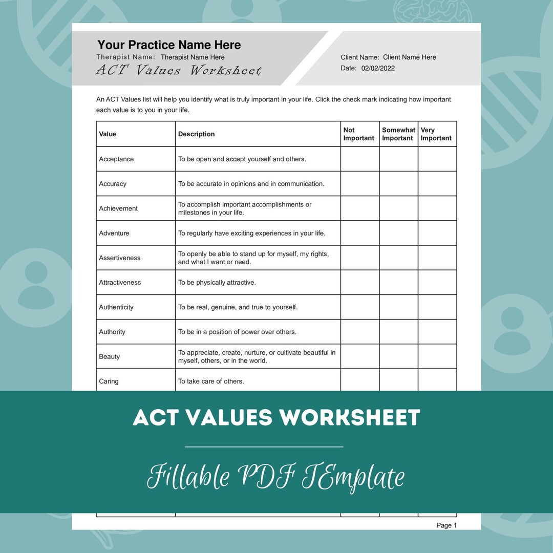 ACT Values Worksheet Editable Fillable PDF For Counselors