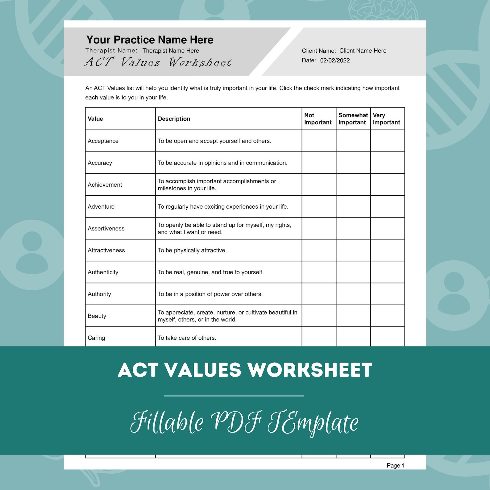 ACT Values Worksheet | Editable / Fillable PDF | for Counselors ...