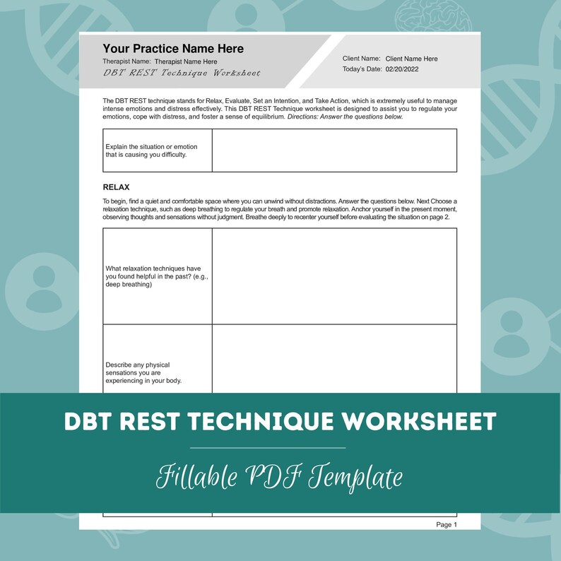 DBT REST Technique Worksheet | Fillable PDF | for Counselors ...