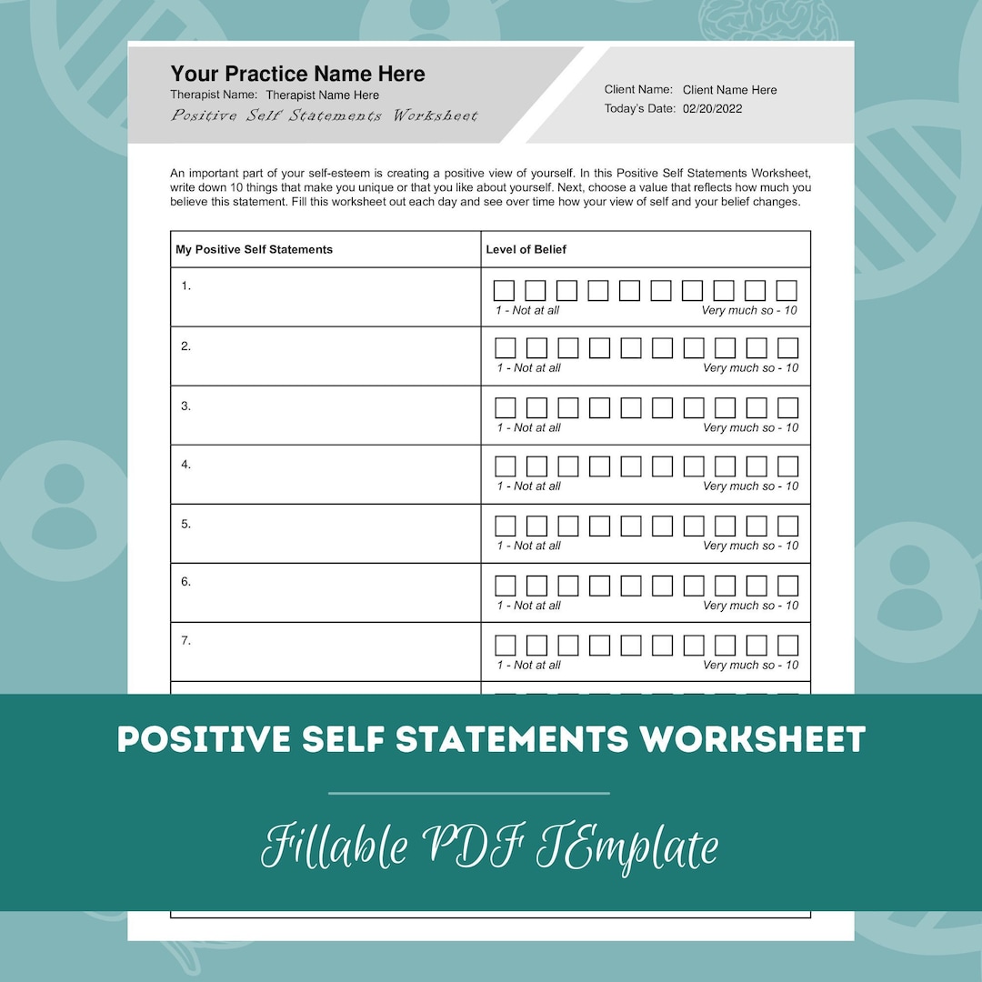 Positive Self Statements Worksheet Editable / Fillable PDF Template for ...