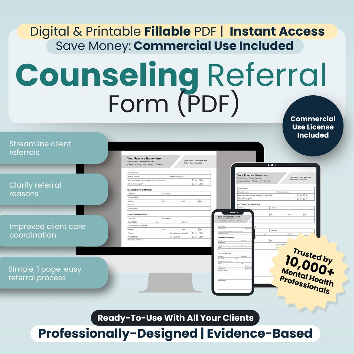 Counseling Referral Form / Therapy Referral Form / Client Referral Form ...