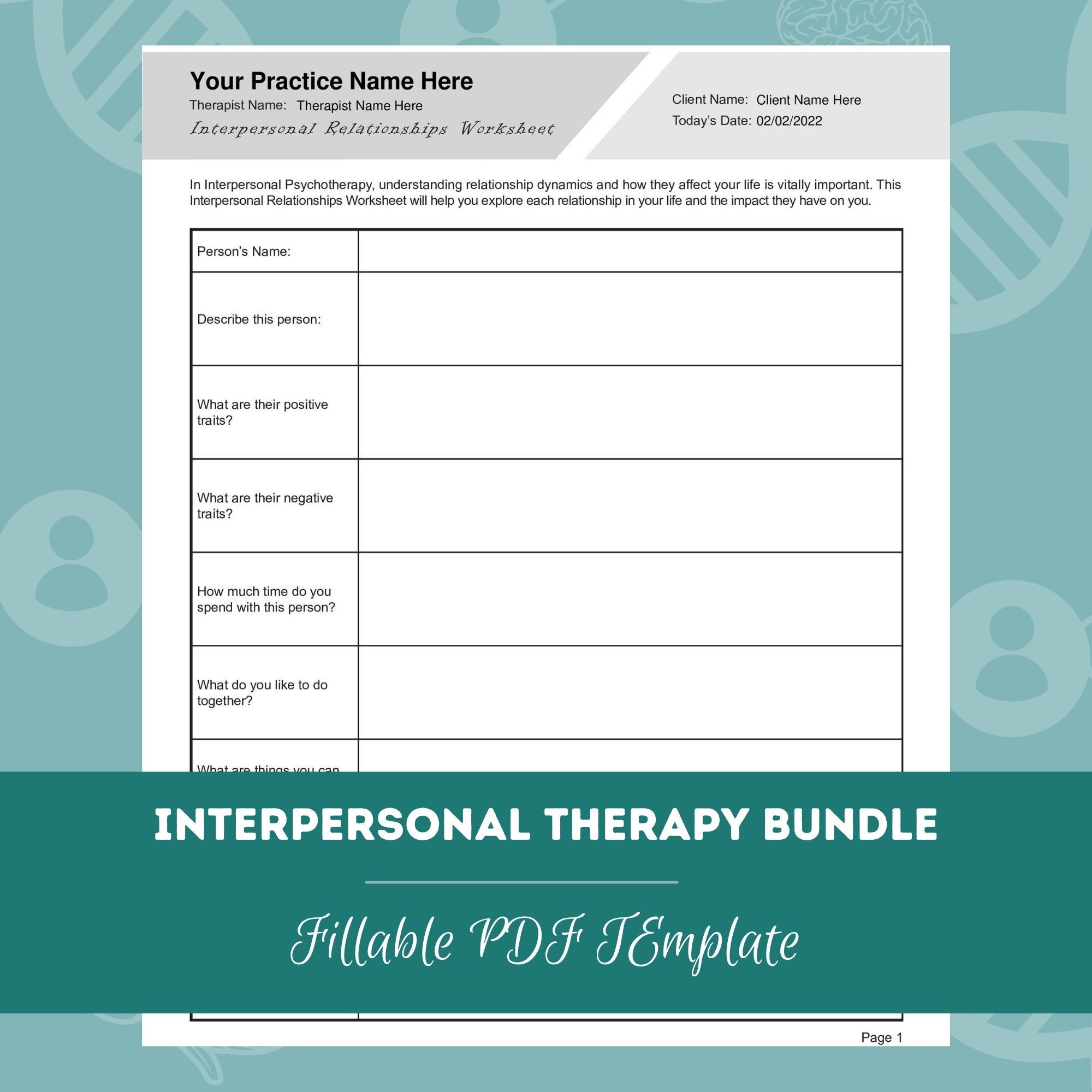 Interpersonal Therapy Worksheets Bundle 22 Editable / Fillable PDF Template for Counselors ...