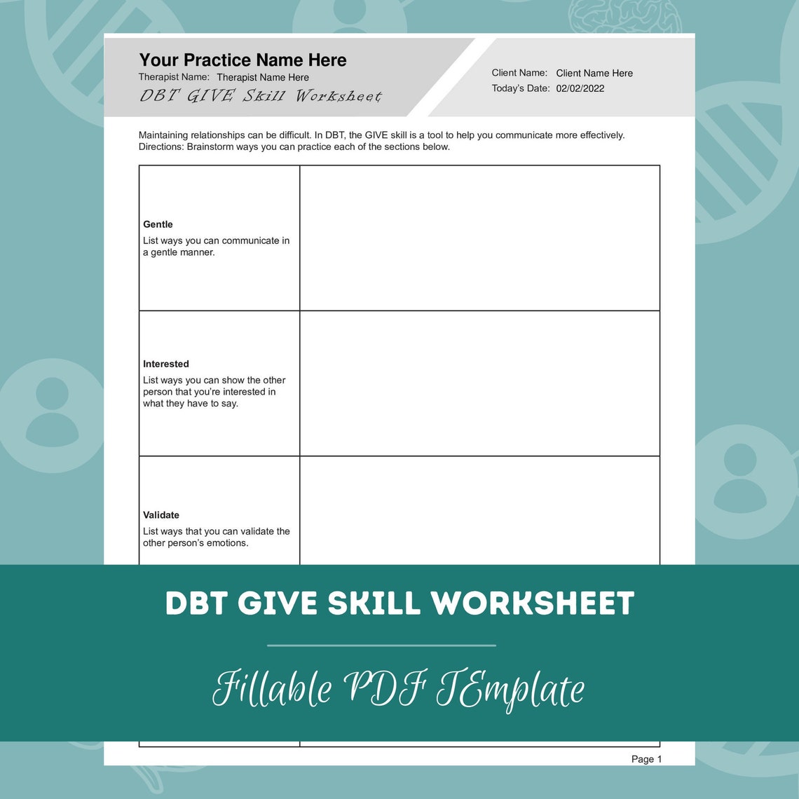 DBT GIVE Skill Worksheet | Editable / Fillable PDF Template | for ...