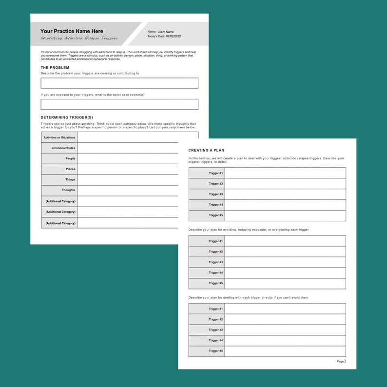 Addiction Relapse Triggers Worksheet Editable / Fillable PDF for ...