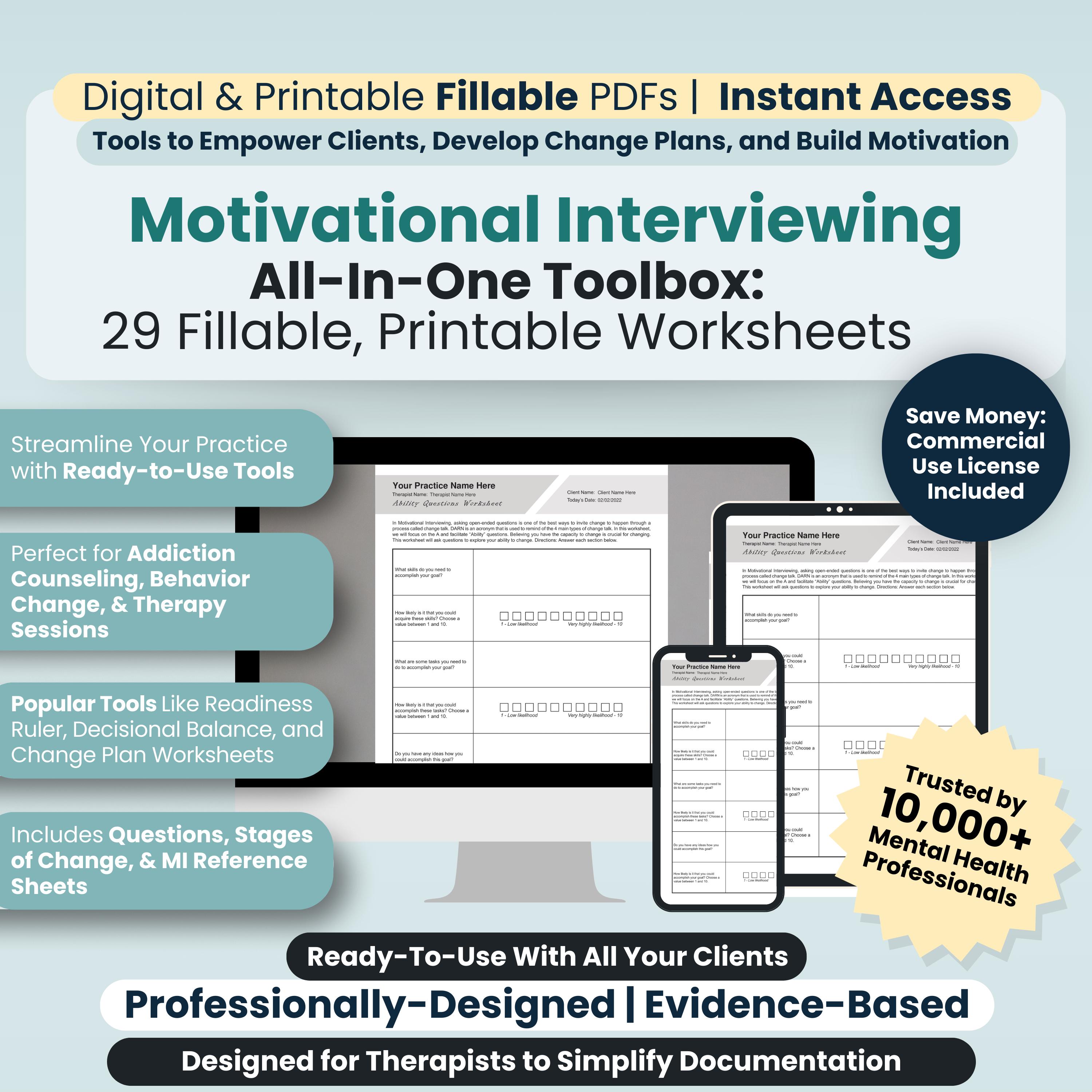 Motivational Interviewing Worksheets Bundle,19 Fillable/printable Pdfs ...