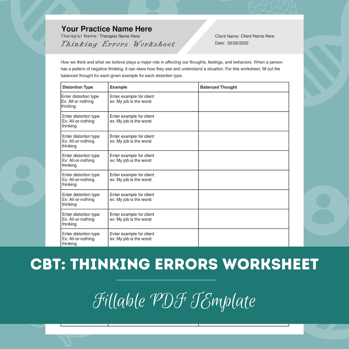 CBT: Thinking Errors Worksheet | Editable / Fillable PDF | for Counselors, Psychologists ...