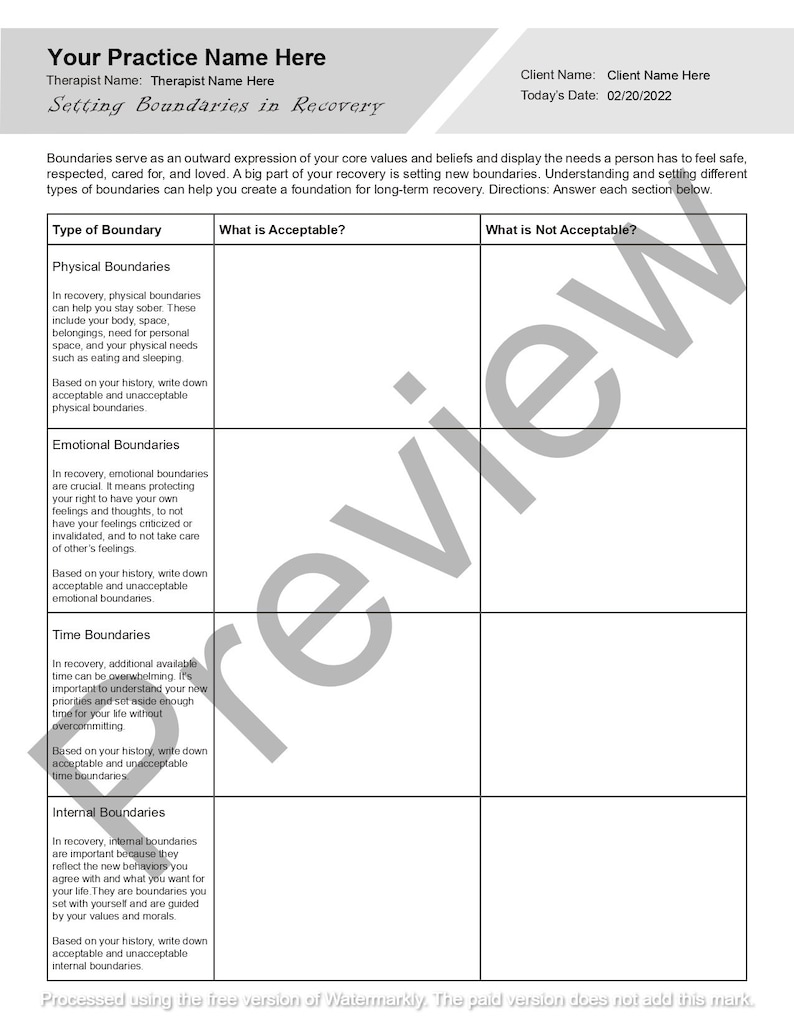 Setting Boundaries in Recovery Worksheet | Editable / Fillable ...