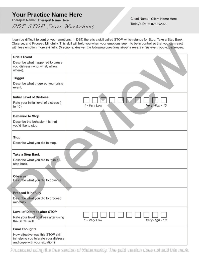 DBT STOP Skill Worksheet Editable / Fillable PDF Template for ...
