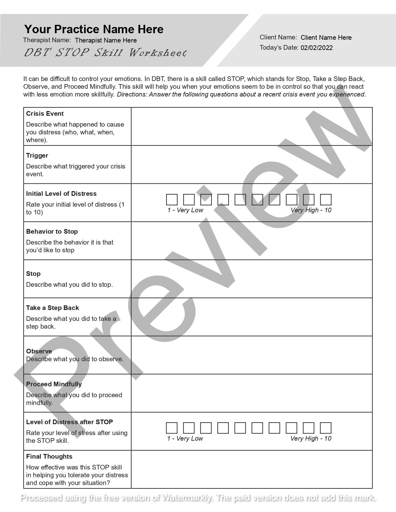 DBT STOP Skill Worksheet | Editable / Fillable PDF Template | for ...
