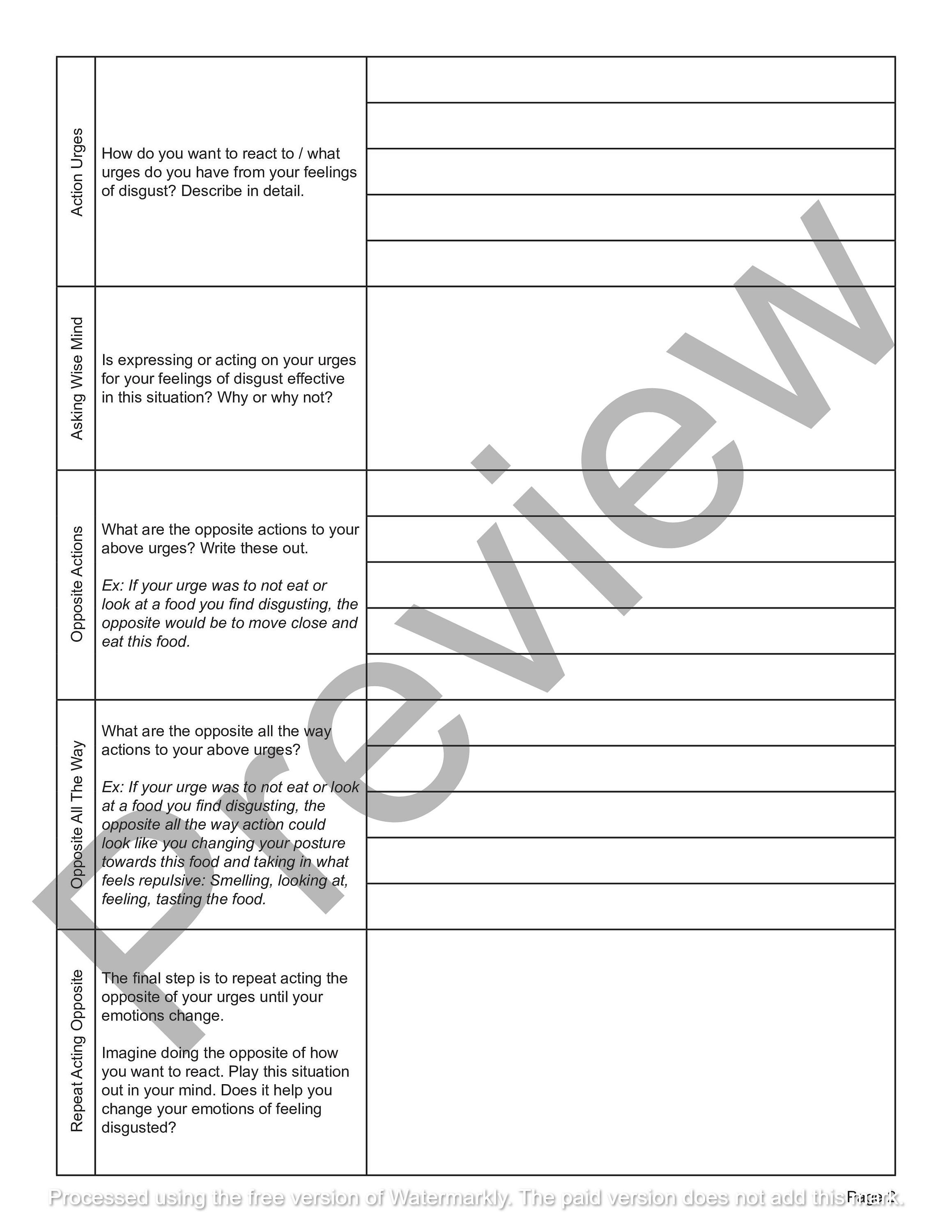 Opposite Action for Disgust Worksheet Editable / Fillable / Printable ...