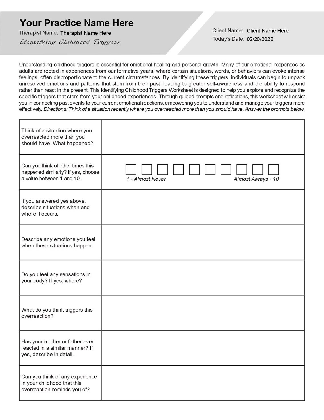 Identifying Childhood Triggers Inner Child Worksheet (fillable ...