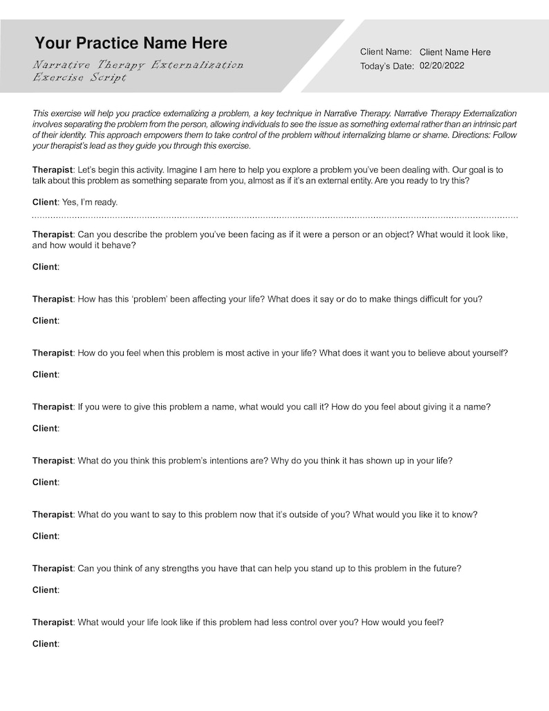 Narrative Therapy Externalization Technique Script Worksheet | Fillable ...