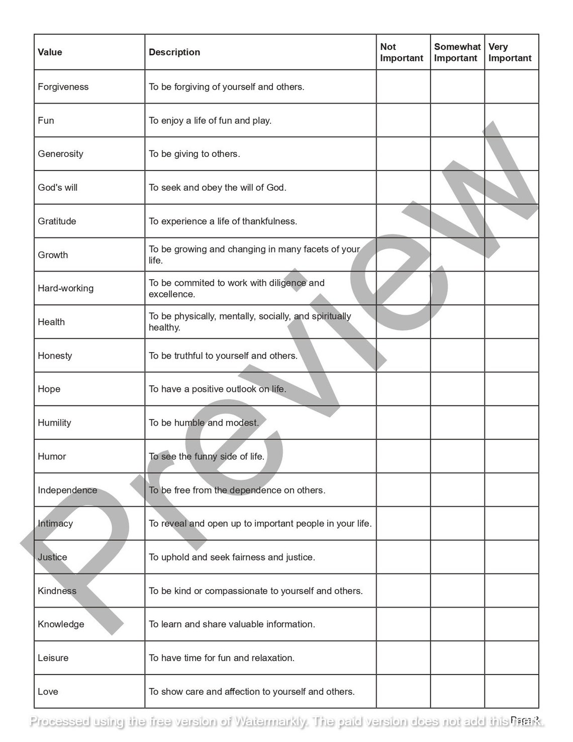 ACT Values Worksheet | Editable / Fillable PDF | for Counselors ...