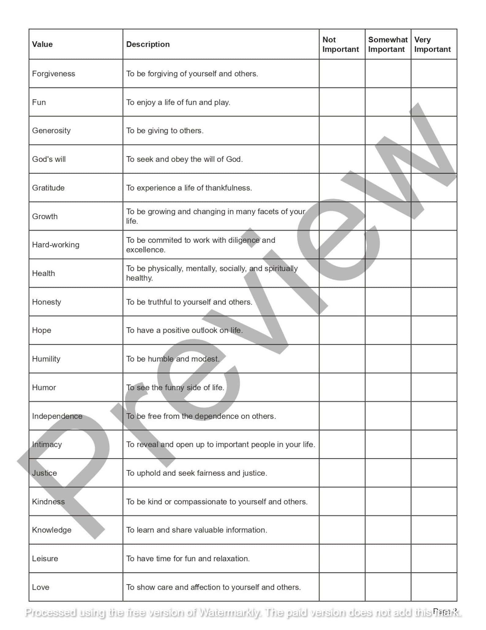 ACT Values Worksheet | Editable / Fillable PDF | for Counselors ...