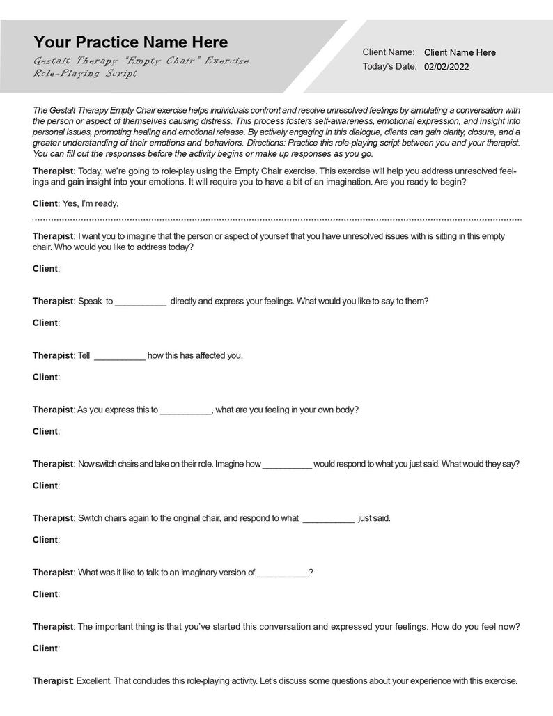 Gestalt Therapy “empty Chair” Exercise Role-playing Script Worksheet ...