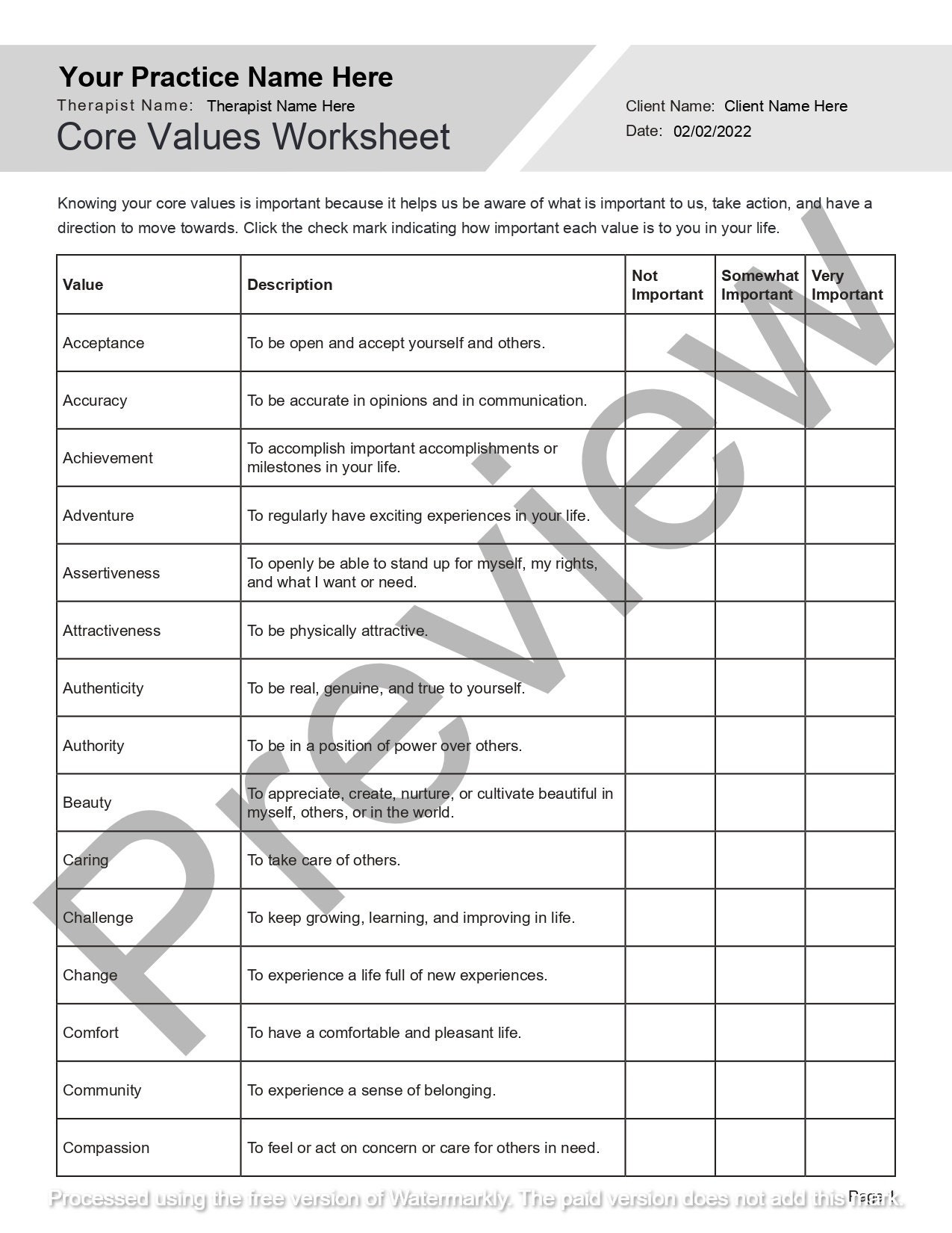 Identifying Core Values Worksheets, Fillable PDF Template, Self ...
