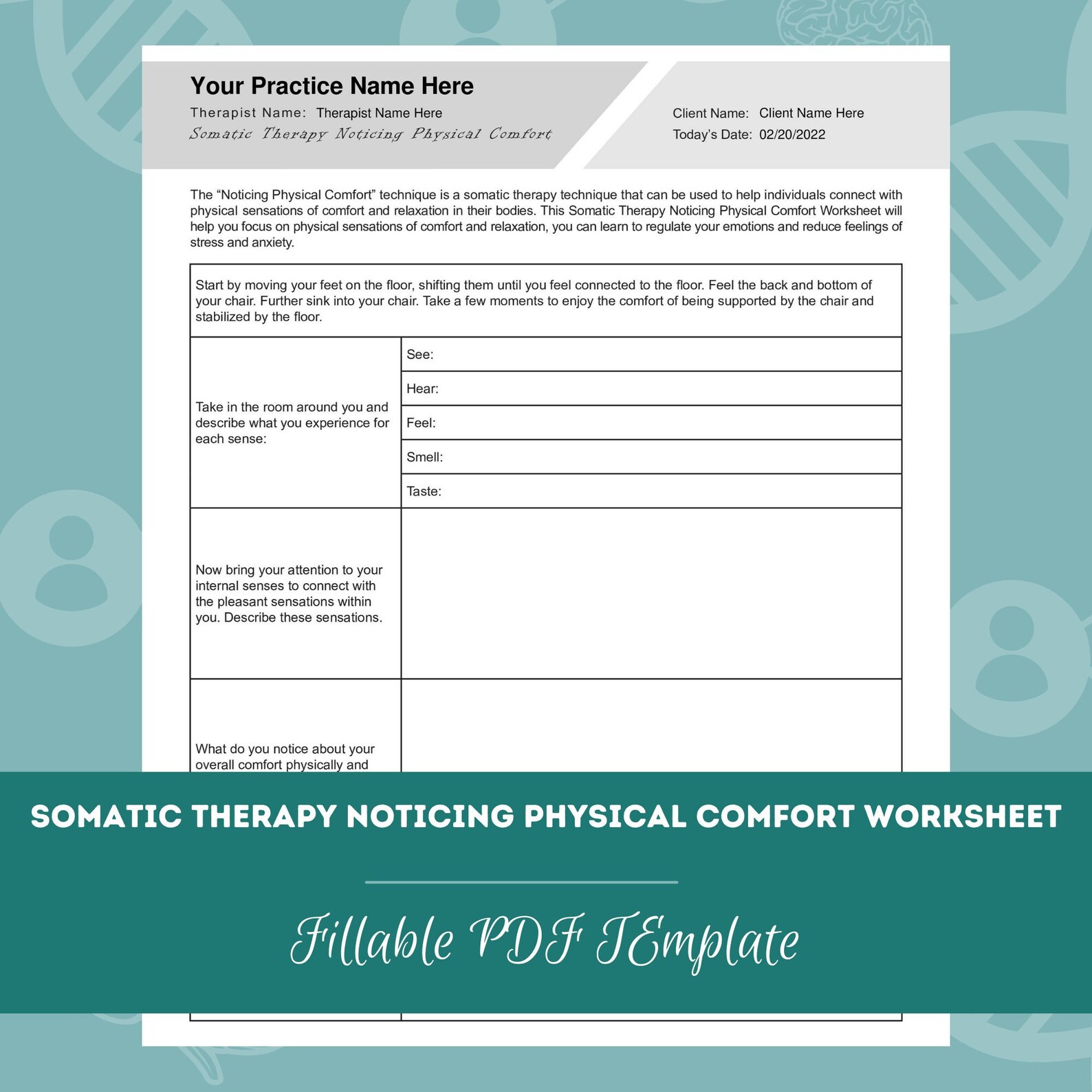 Somatic Therapy Noticing Physical Comfort Worksheet | Editable ...