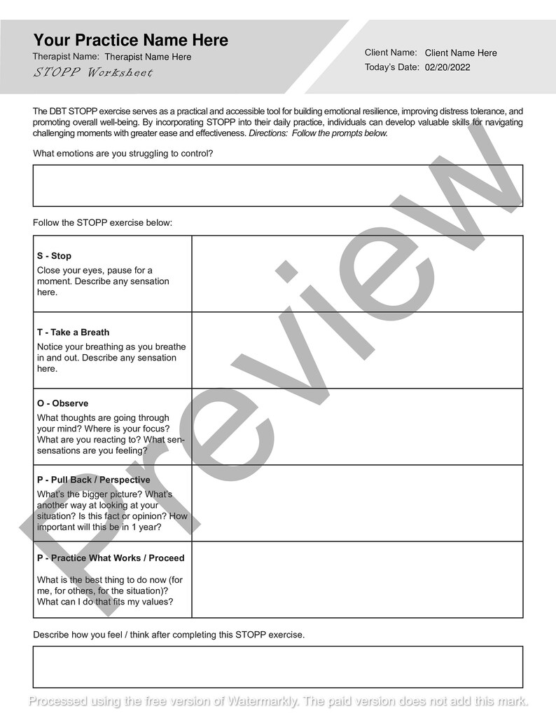 DBT STOPP Worksheet | Editable / Fillable / Printable PDF | Counselors ...