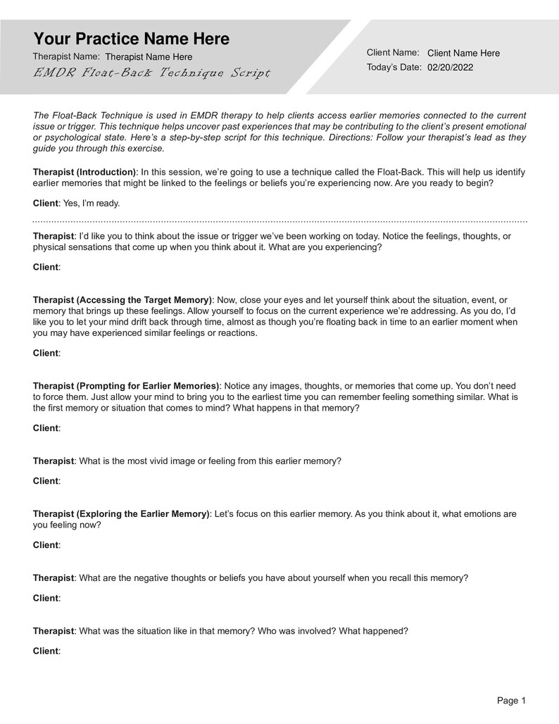 EMDR Float-back Technique Script Worksheet | Fillable PDF | Counselors ...