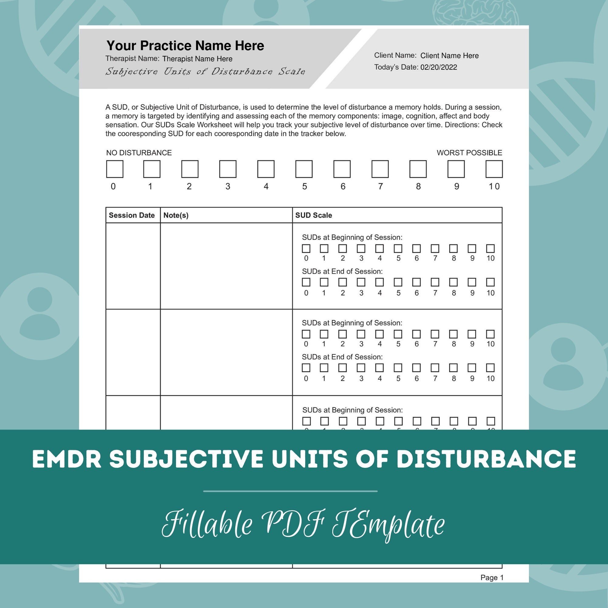 EMDR Subjective Units of Disturbance Scale Worksheet | Editable ...