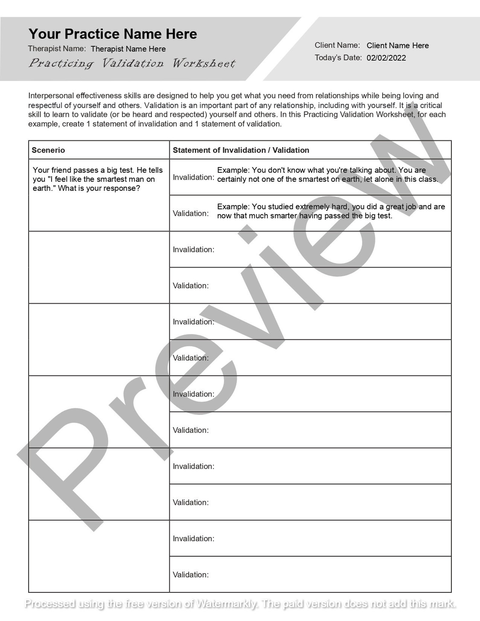 DBT Practicing Validation Worksheet | Editable / Fillable PDF Template ...