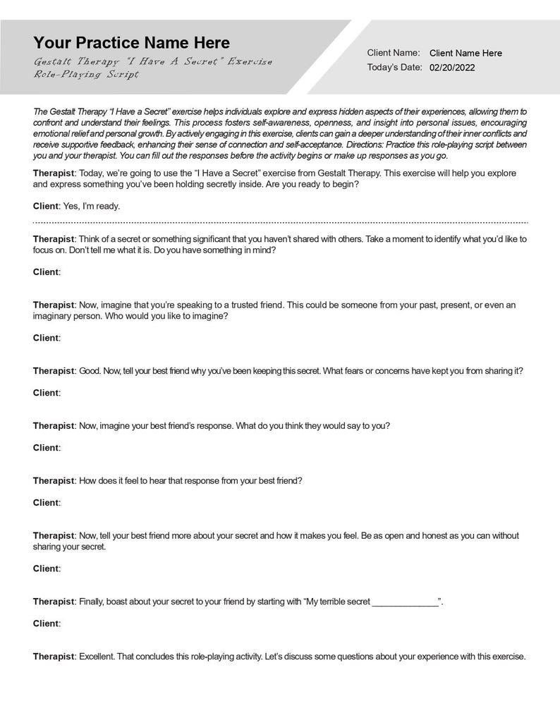 Gestalt Therapy “I Have A Secret” Exercise Role-playing Script ...